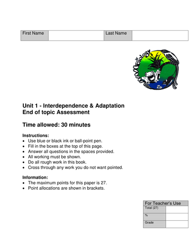 Interdependence and Adaptation test | Teaching Resources