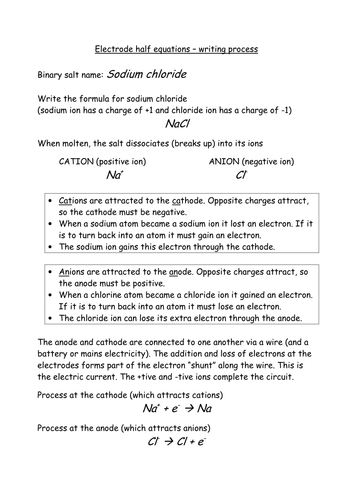 Electrode half equations | Teaching Resources
