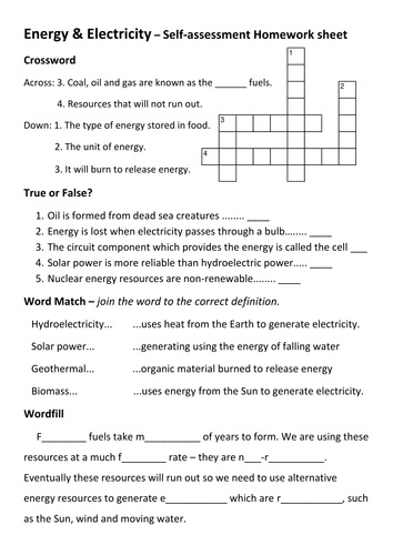Energy & Electricity Self-assessed homework sheet | Teaching Resources