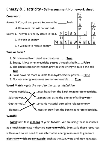 Energy & Electricity Self-assessed homework sheet | Teaching Resources