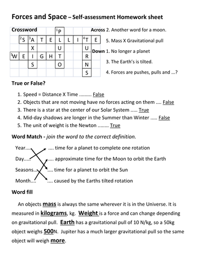 Forces & Space Self-assessed homework sheet | Teaching Resources