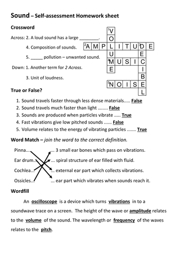 Sound Self-assessed homework sheet | Teaching Resources