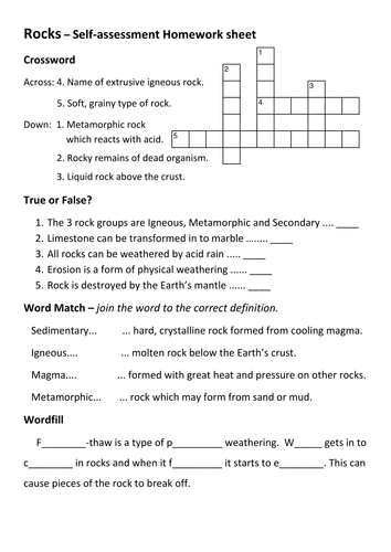 Rocks Self-assessed homework sheet | Teaching Resources