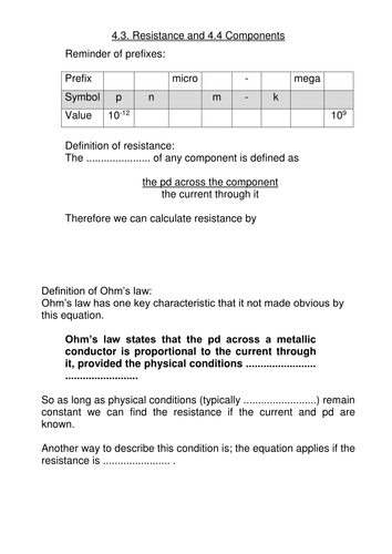 Resistance and Components Notes for Physics | Teaching Resources