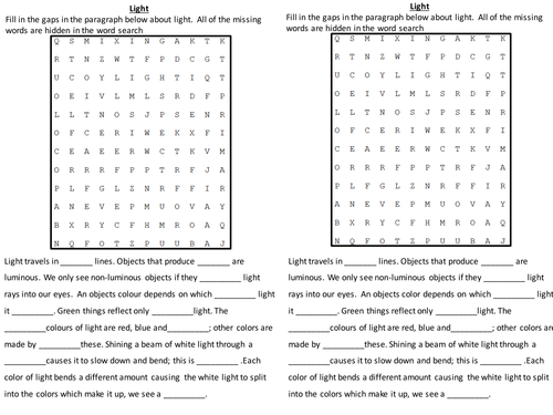 Light: Wordsearch + Fill In The Gaps | Teaching Resources