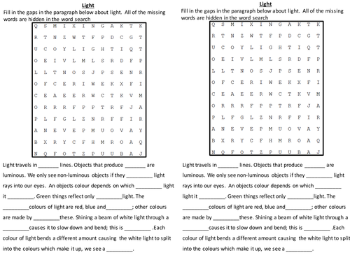 Light: Wordsearch + Fill In The Gaps | Teaching Resources