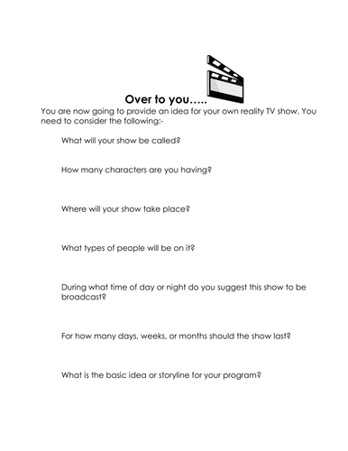 Design a Reality TV Program - Handout | Teaching Resources