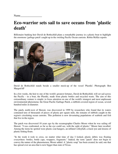 Handout on 'the great pacific garbage patch' | Teaching Resources