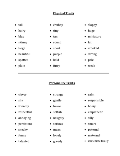 Physical and Personality Character Traits | Teaching Resources