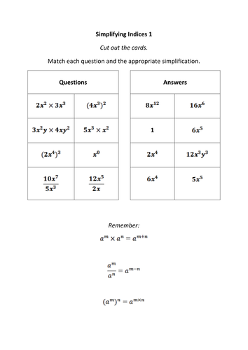 Simplifying Indices Match Up | Teaching Resources
