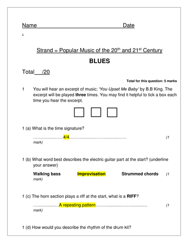 Blues end of topic listening test | Teaching Resources