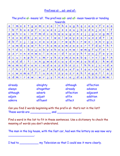 Wordsearch for suffixes al- ; ad-; af | Teaching Resources