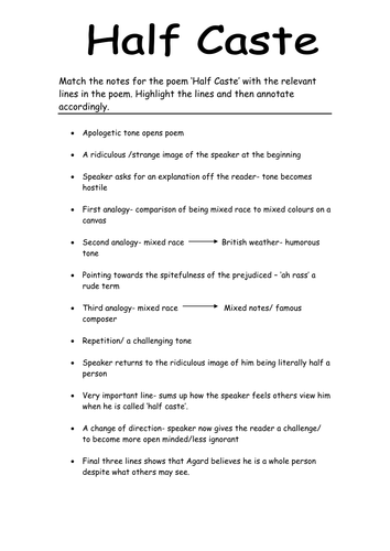 Half Caste: notes to annotate poem with | Teaching Resources