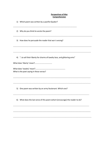 Perspectives on War Poetry comprehension | Teaching Resources