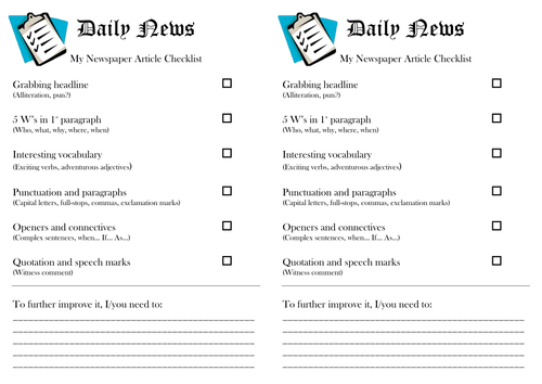Newspaper checklist and template | Teaching Resources