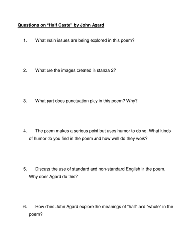 "Half Caste" (Poetry Analysis) | Teaching Resources