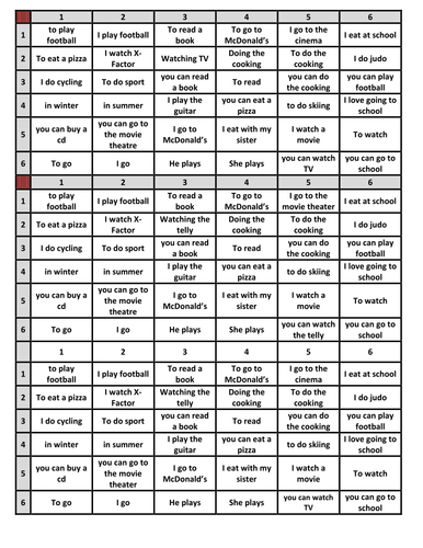 Die game on leisure activities | Teaching Resources
