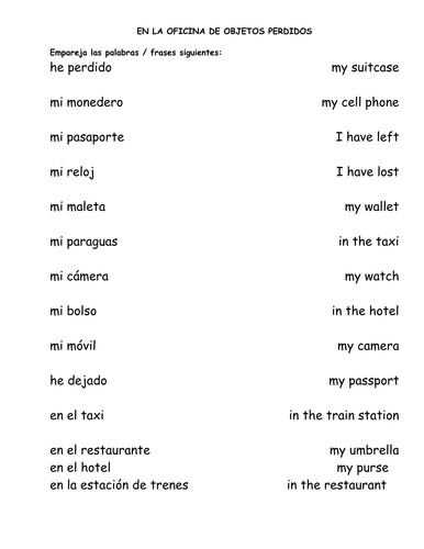 Objetos Perdidos - LOST PROPERTY MATCH UP | Teaching Resources