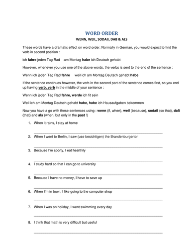 subordinating conjunctions in German | Teaching Resources