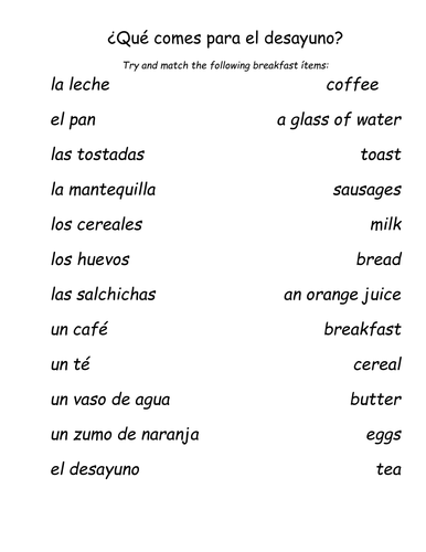 Qué comes Para El desayuno? - MATCH UP | Teaching Resources