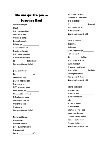 Ne me quitte pas - Jacques Brel - Worksheet | Teaching Resources