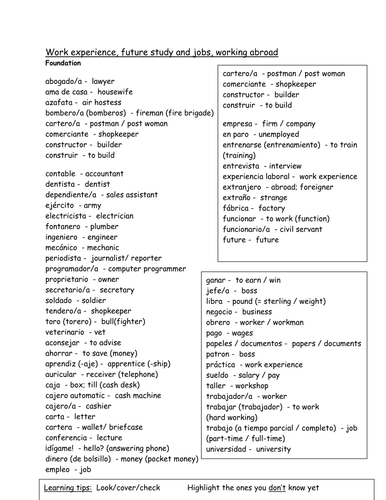 10th Grade Spanish vocabulary list | Teaching Resources