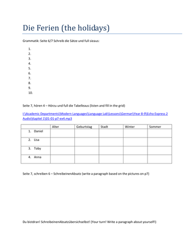 Die Ferien | Teaching Resources