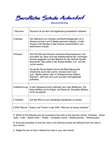 School Rules in a German School | Teaching Resources