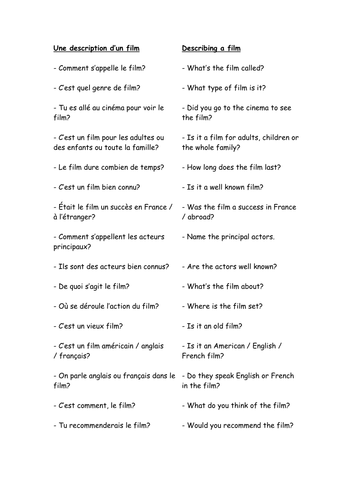 Describing a movie - Qs in French and English | Teaching Resources