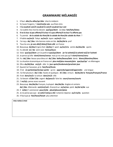 Révision de grammaire | Teaching Resources