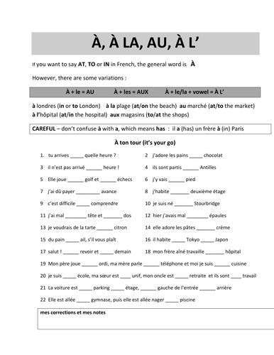 à; au.... | Teaching Resources