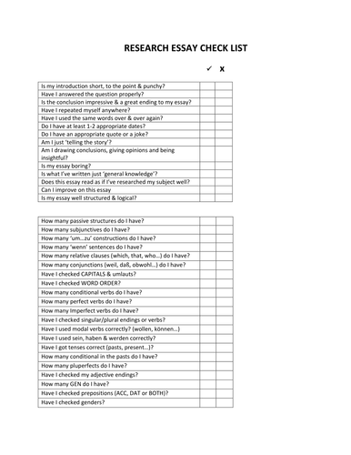 RESEARCH ESSAY CHECK LIST | Teaching Resources