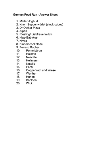 German Food Run | Teaching Resources