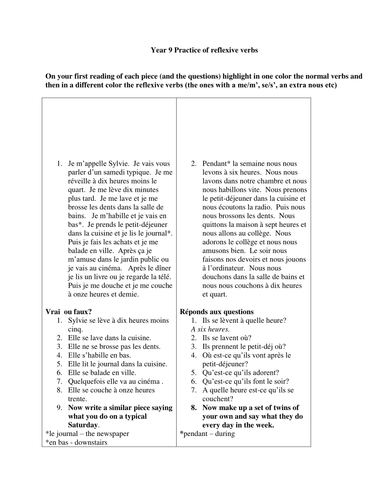 Reading: practice of reflexive verbs | Teaching Resources