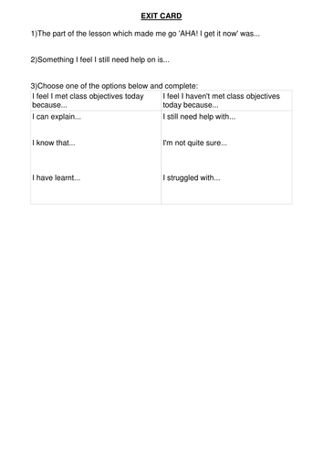 Exit card- students review their own learning | Teaching Resources