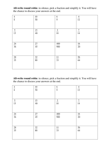 Simplifying fractions all write round robin | Teaching Resources