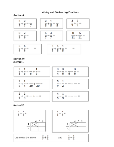 Adding fractions structured write on handout | Teaching Resources