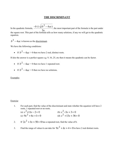 The Discriminant | Teaching Resources