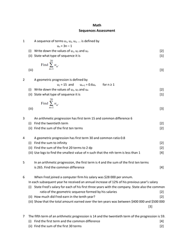 Sequences Test | Teaching Resources
