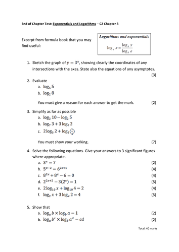 Exponentials and Logarithms Chapter Test | Teaching Resources