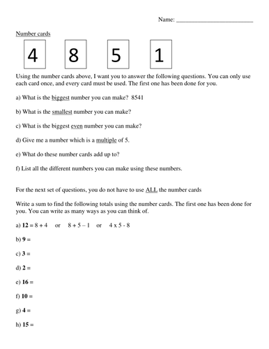 Using number cards; facts; adding; comparing | Teaching Resources