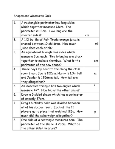 Shapes and Measures Decimal Activity | Teaching Resources