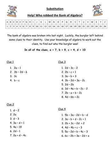 Substitution - Bank of Algebra Code Breaker | Teaching Resources
