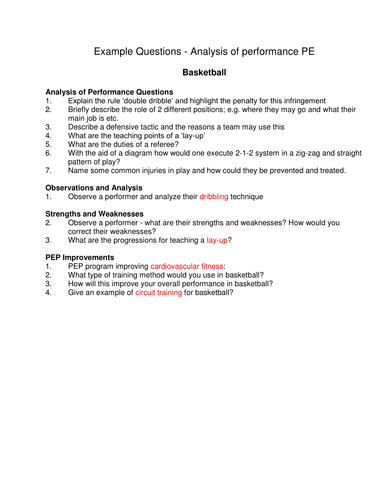 PE Analysis of Performance Questions | Teaching Resources