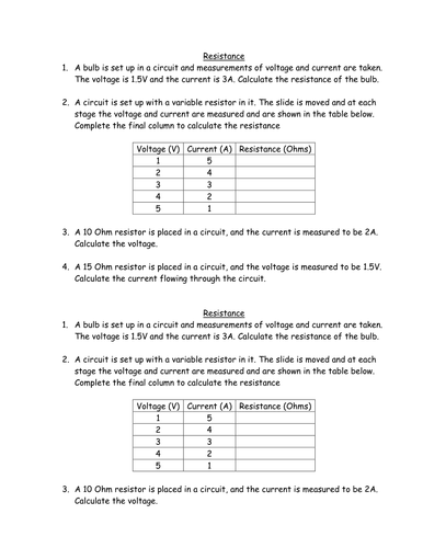 Resistance Calculations Worksheet