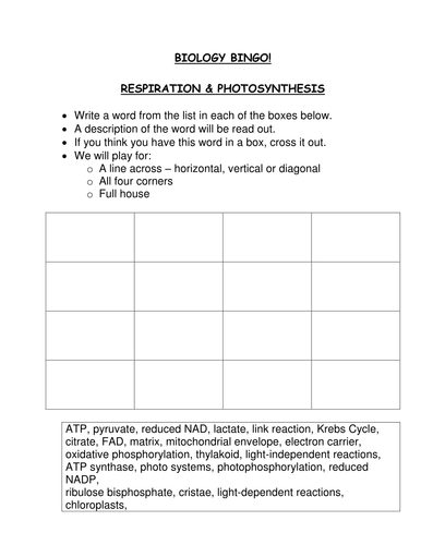 Biology Bingo - Photosynthesis & Respiration | Teaching Resources