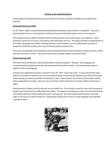 Apartheid Controlled Ass. - Protests Against It | Teaching Resources