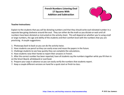 French Numbers and Math Listening Activity Valentine's Day Theme ...