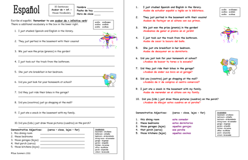 Spanish Acabar + De + Infinitive With House Vocabulary Homework ...