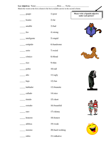 Spanish Adjectives of People Matching Worksheet | Teaching Resources